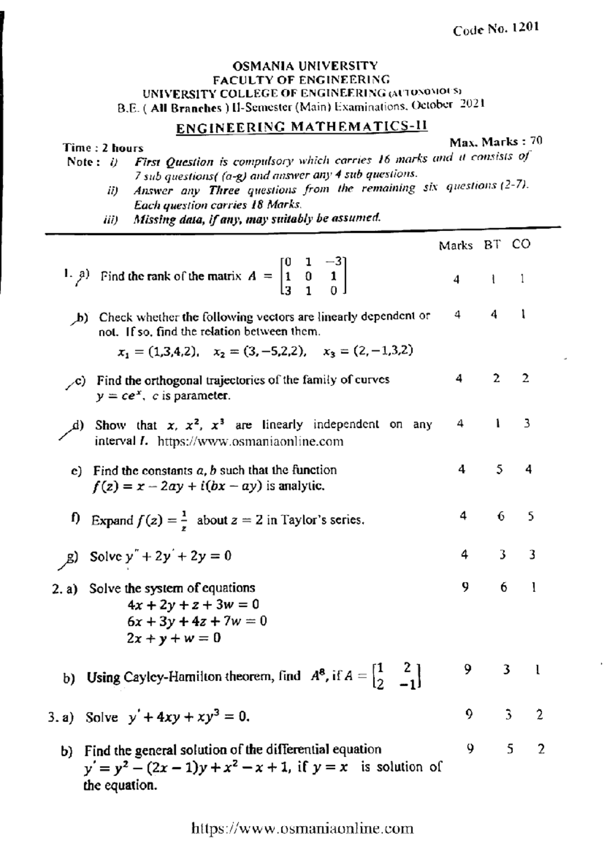 Be 2 sem M2 1201 oct 2021 - pyqs - Code No. 1201 OSMANIA UNIVERSITY ...