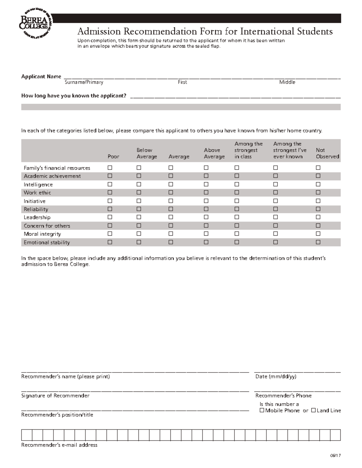 International Recommendation Form - Admission Recommendation Form for ...