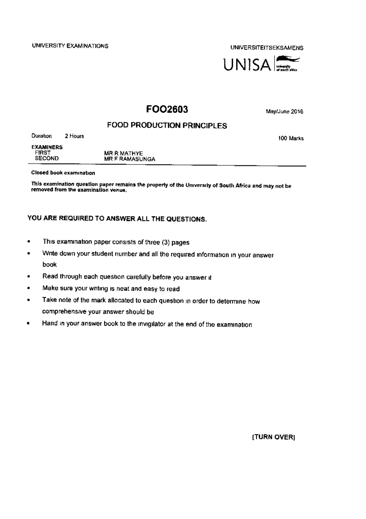 Exam 2016 - FOO 2603 - Studocu