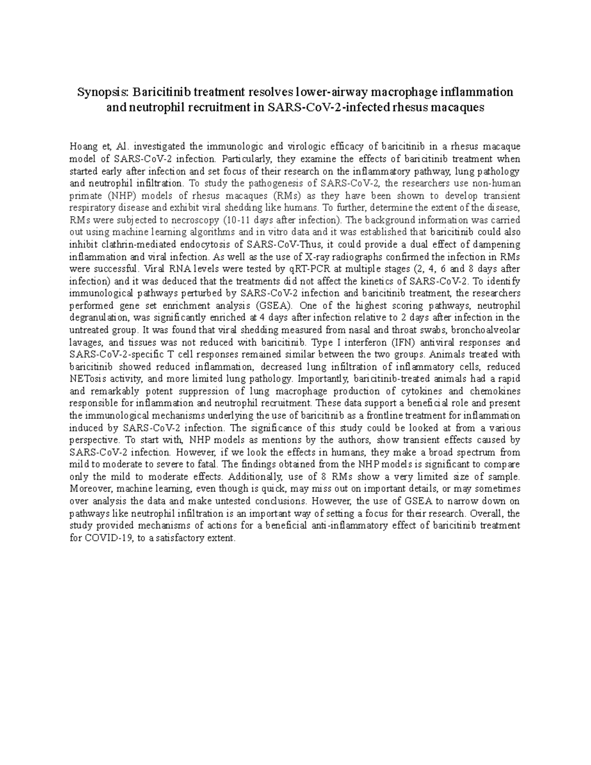 Synopsis of Pathogenisis paper 417 - Synopsis: Baricitinib treatment resolves lower-airway - Studocu