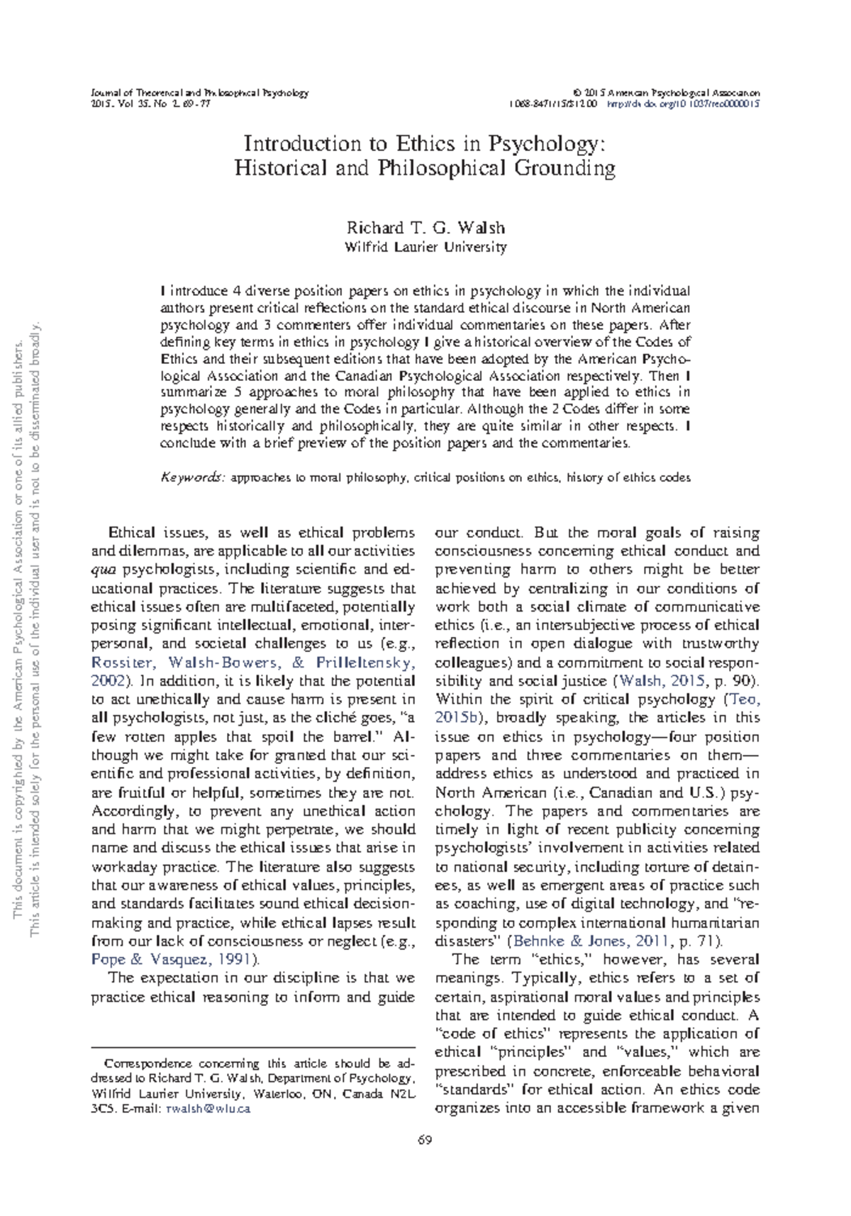 Psy 611 new updated handout s - Introduction to Ethics in Psychology ...