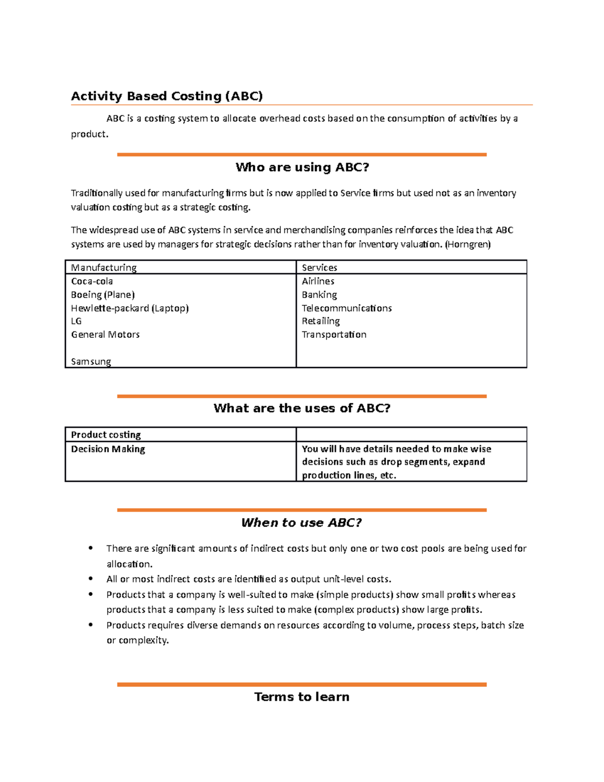 ABC- Activity Based Costing - Activity Based Costing (ABC) ABC is a ...