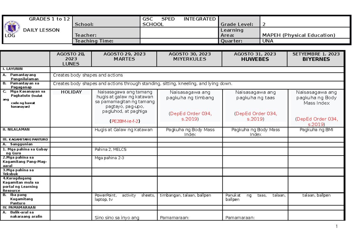 DLL- Mapeh-Q1-WK1- August-29-SEPT 01 2023 - GRADES 1 to 12 DAILY LESSON ...