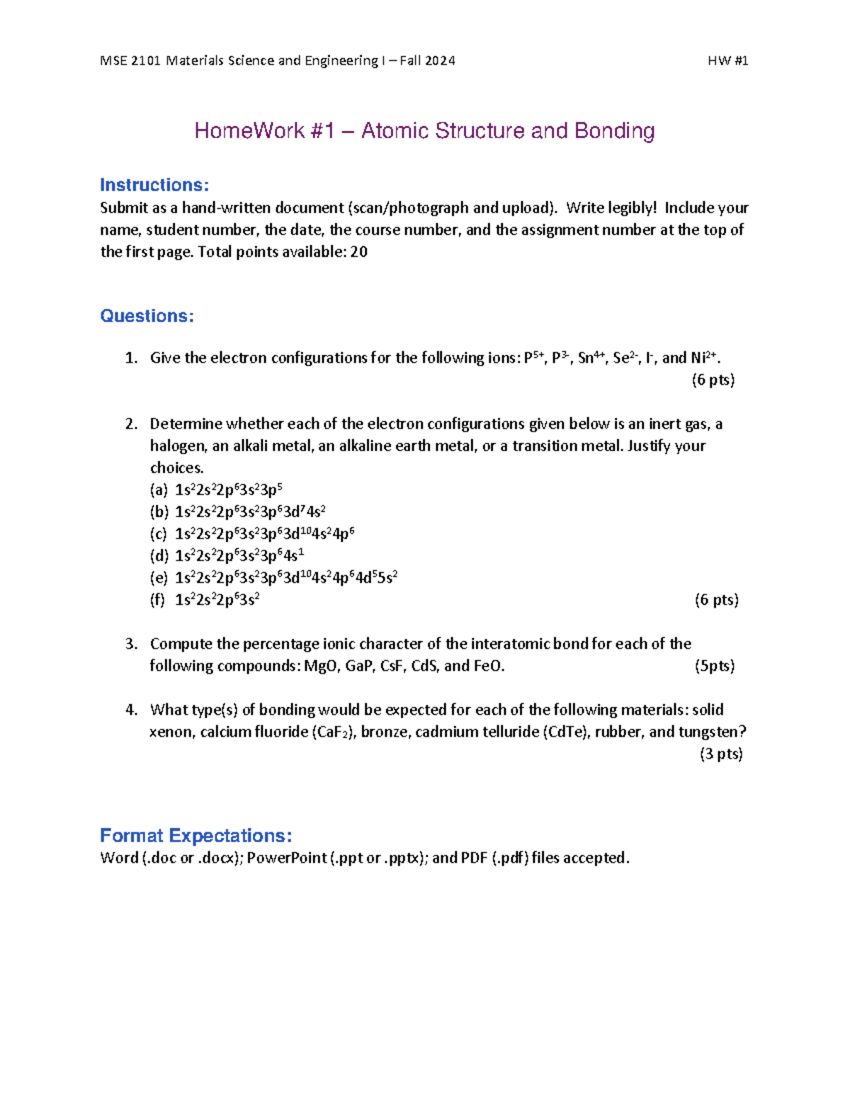 HW#1 - Homework - MSE 210 1 Materials Science and Engineering I – Fall ...