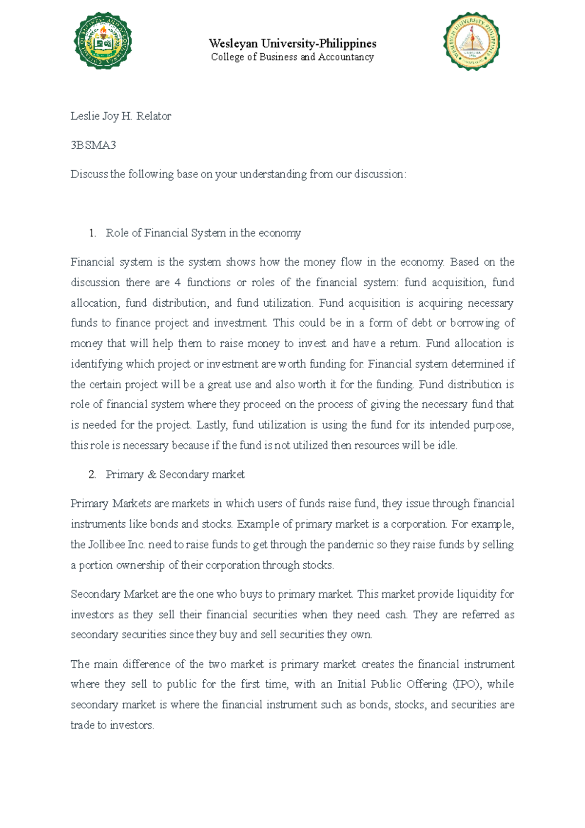 FM Activity WEEK 1 - Wesleyan University-Philippines College of ...