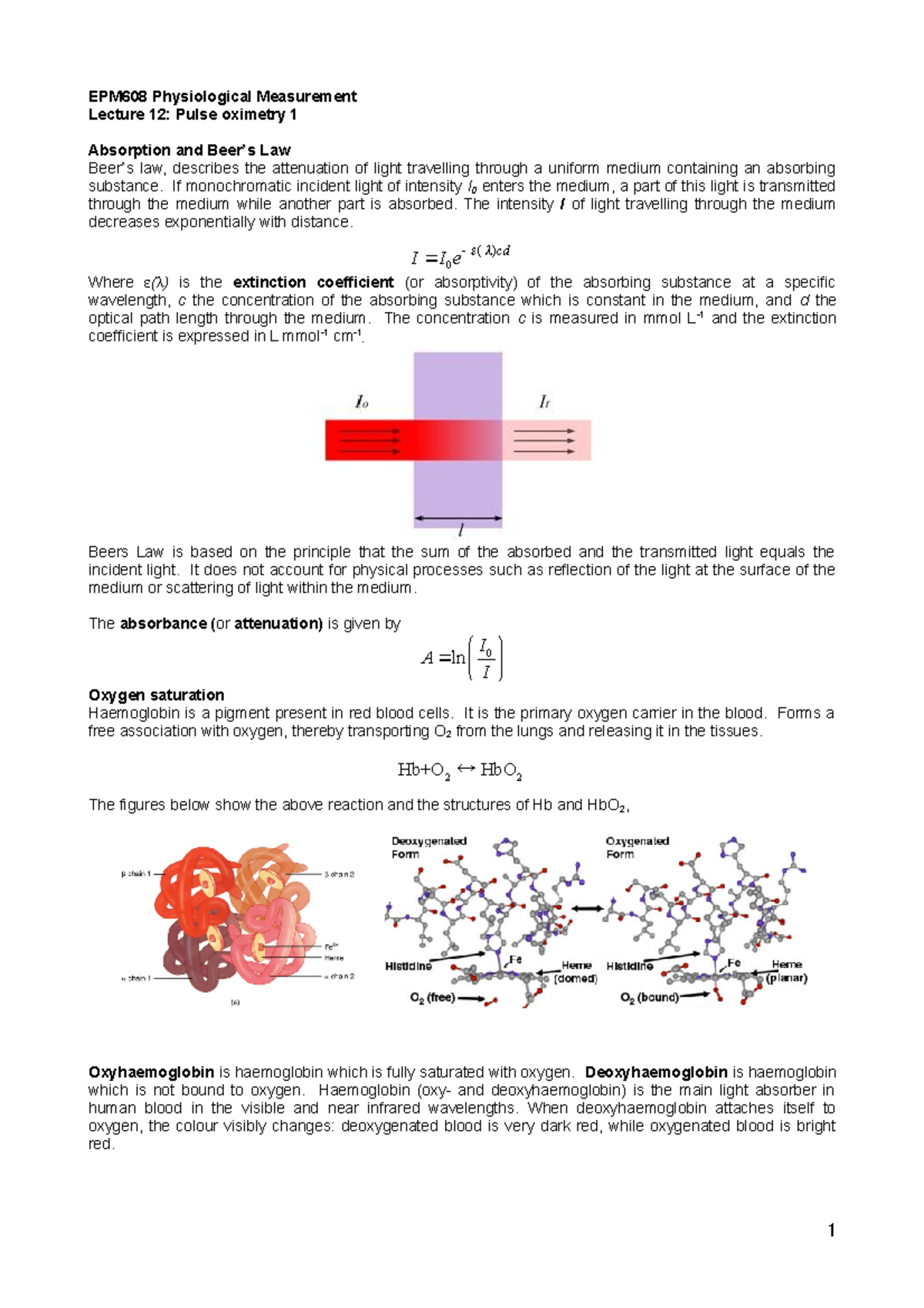 Lecture 12 - Pulse Oximetry 1 - EPM608 Physiological Measurement Lecture 12: Pulse oximetry 1 ...
