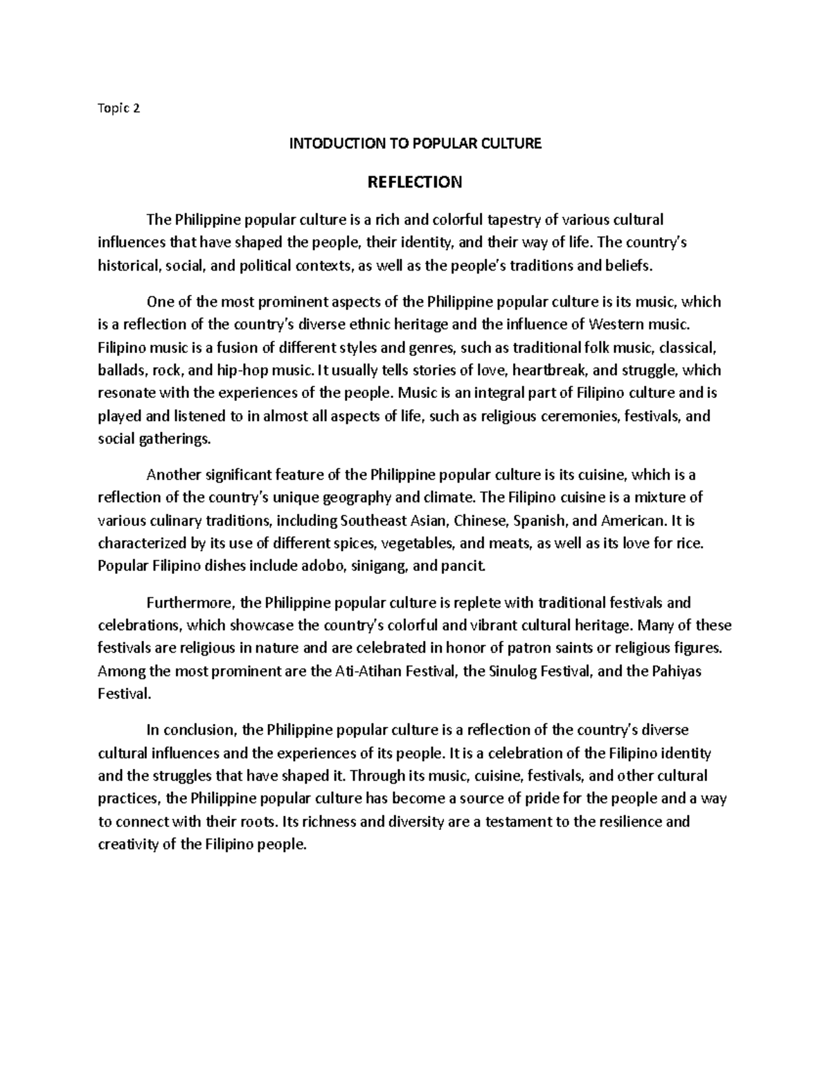 Reflection - code - Topic 2 INTODUCTION TO POPULAR CULTURE REFLECTION ...