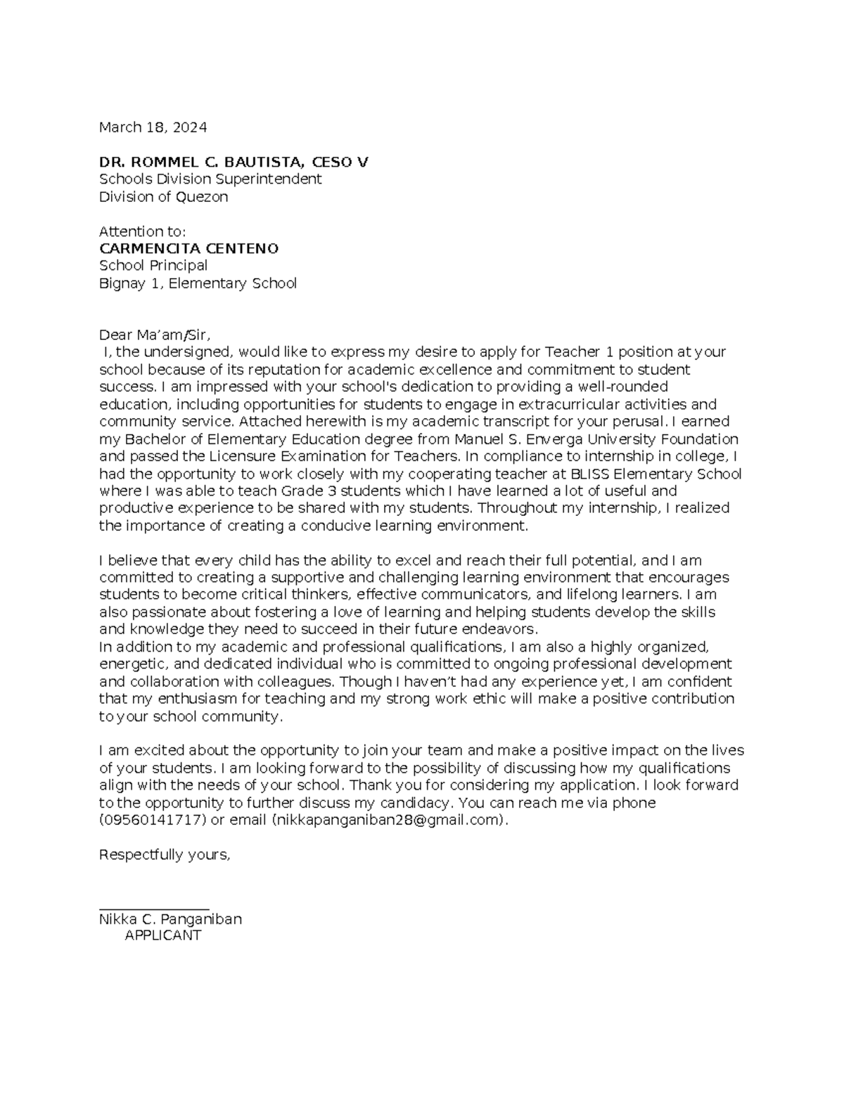 Sample Letter OF Intent FOR Ranking- Nikka - March 18, 2024 DR. ROMMEL ...