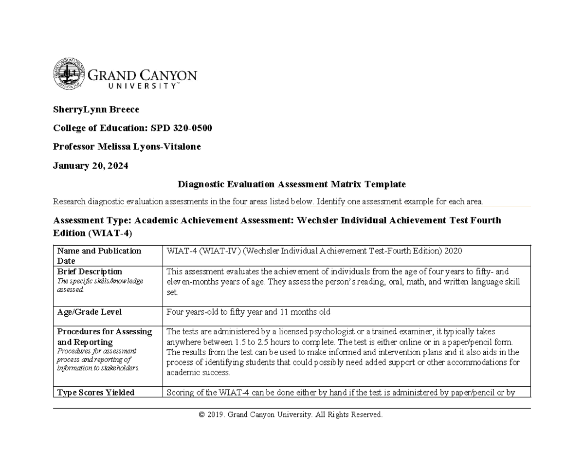 SPD-320 T6-Diagnostic Evaluation Assessment Matrix Template by Sherry ...