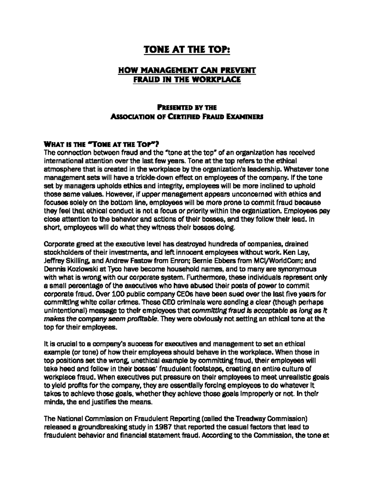 Tone at the Top article - Chapter 3 - TONE AT THE TOP: HOW MANAGEMENT ...