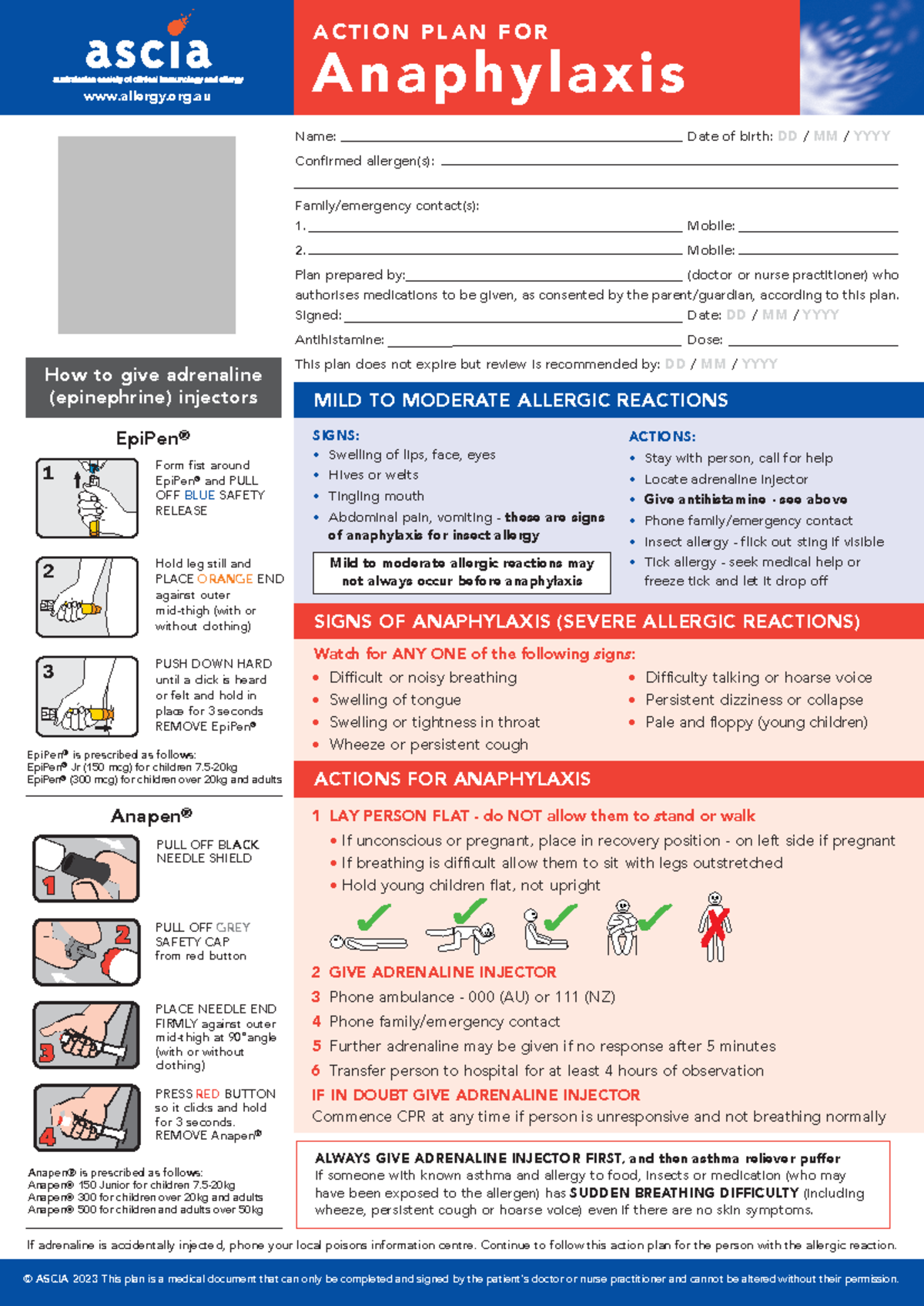 Ascia Action Plan Anaphylaxis Red General 2023 - Name: Date of birth ...