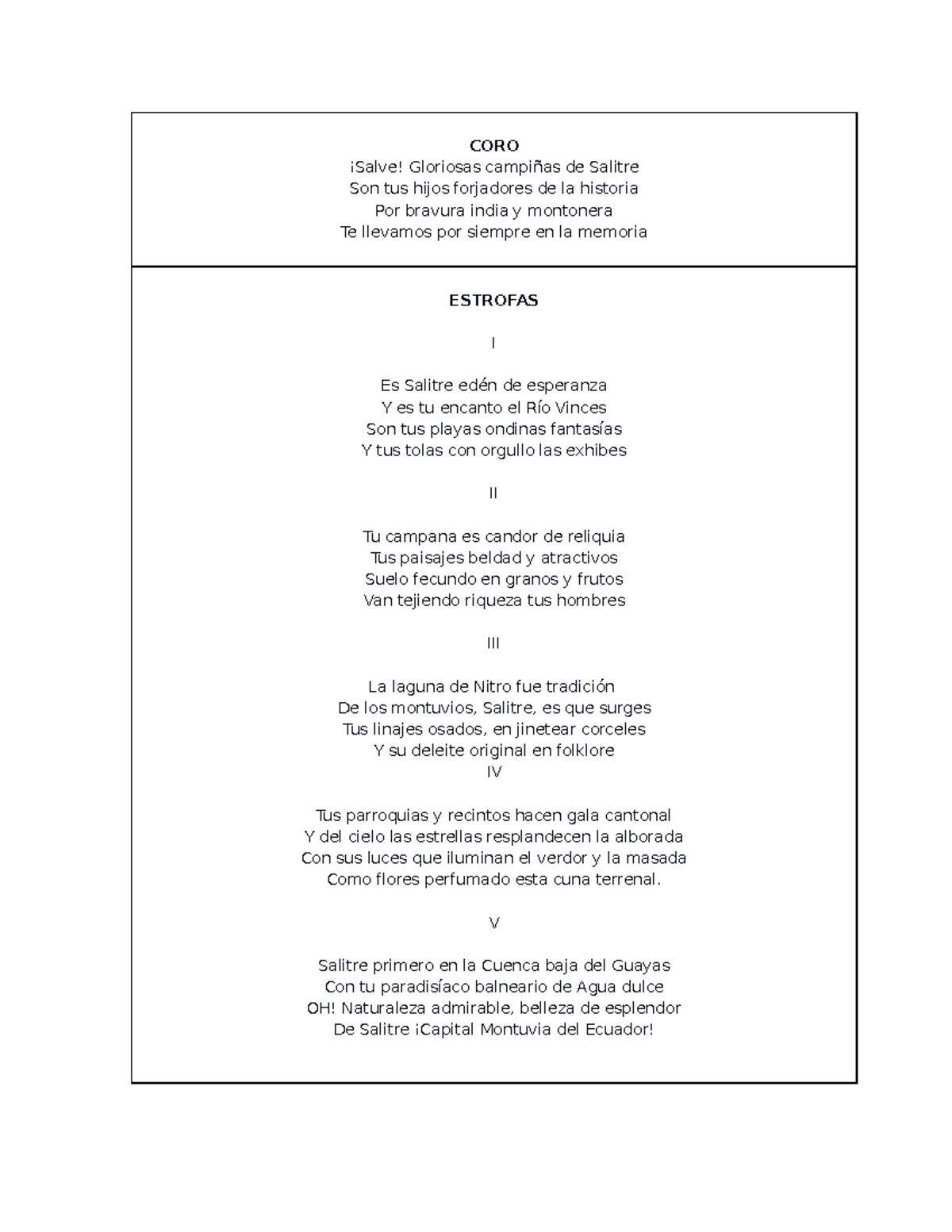 Himno DE Salitre Completo - CORO ¡Salve! Gloriosas campiñas de Salitre Son tus hijos forjadores ...
