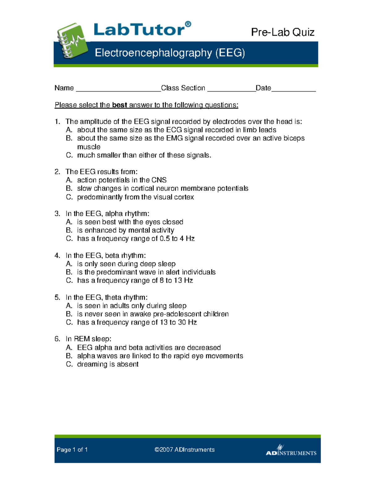 Lab 3 EEG Pre-lab - Human Physiology - Pre-Lab Quiz ...
