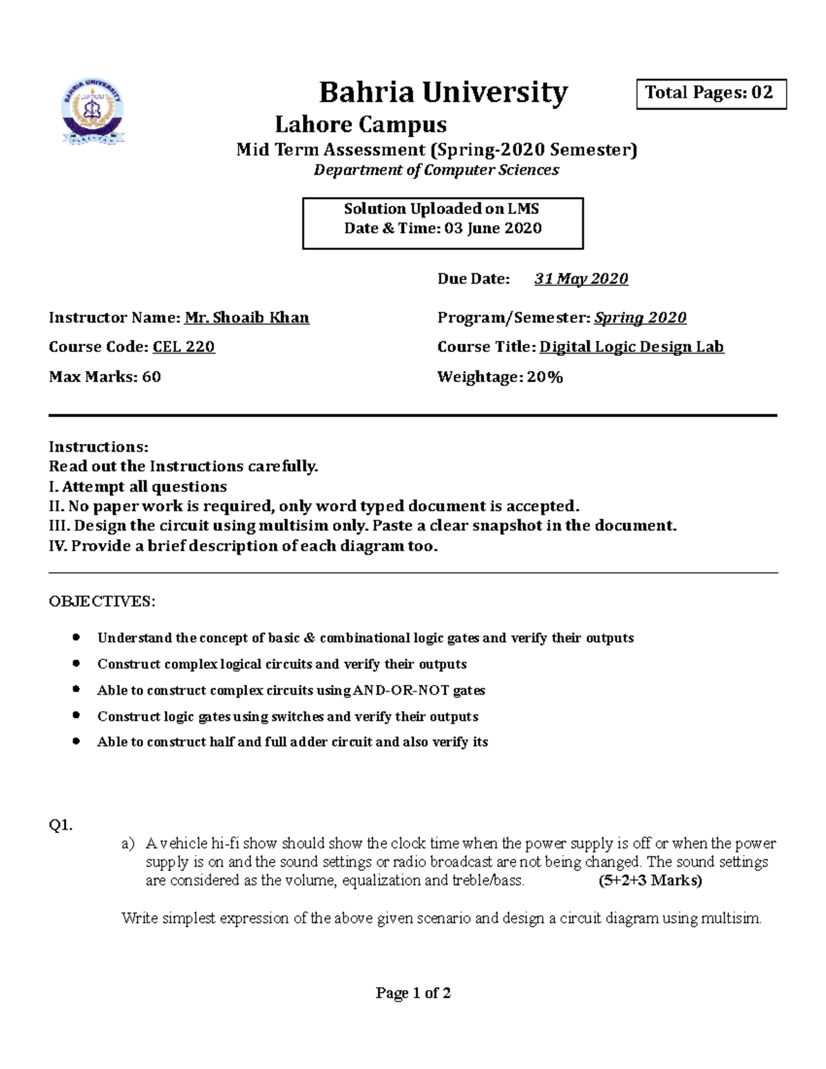 Exam 13 May Spring 2020 - Bahria University Lahore Campus Mid Term ...