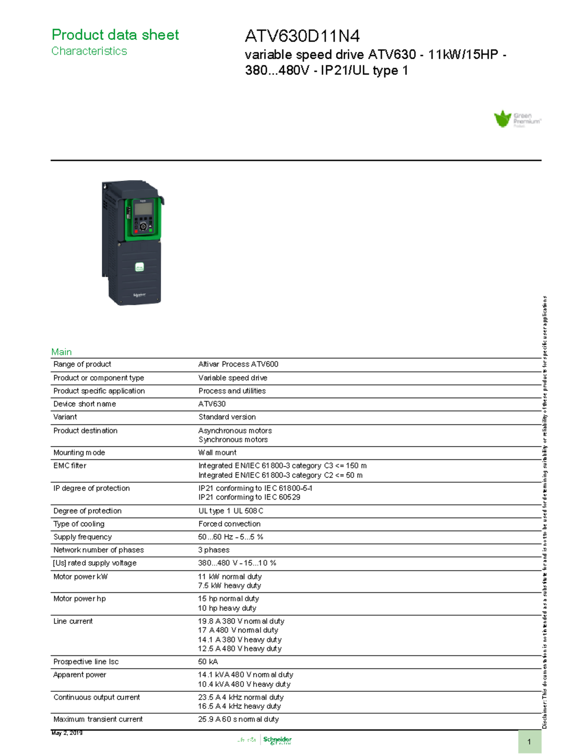 ATV630D11N4 - Variadores - Product data sheet Characteristics ...
