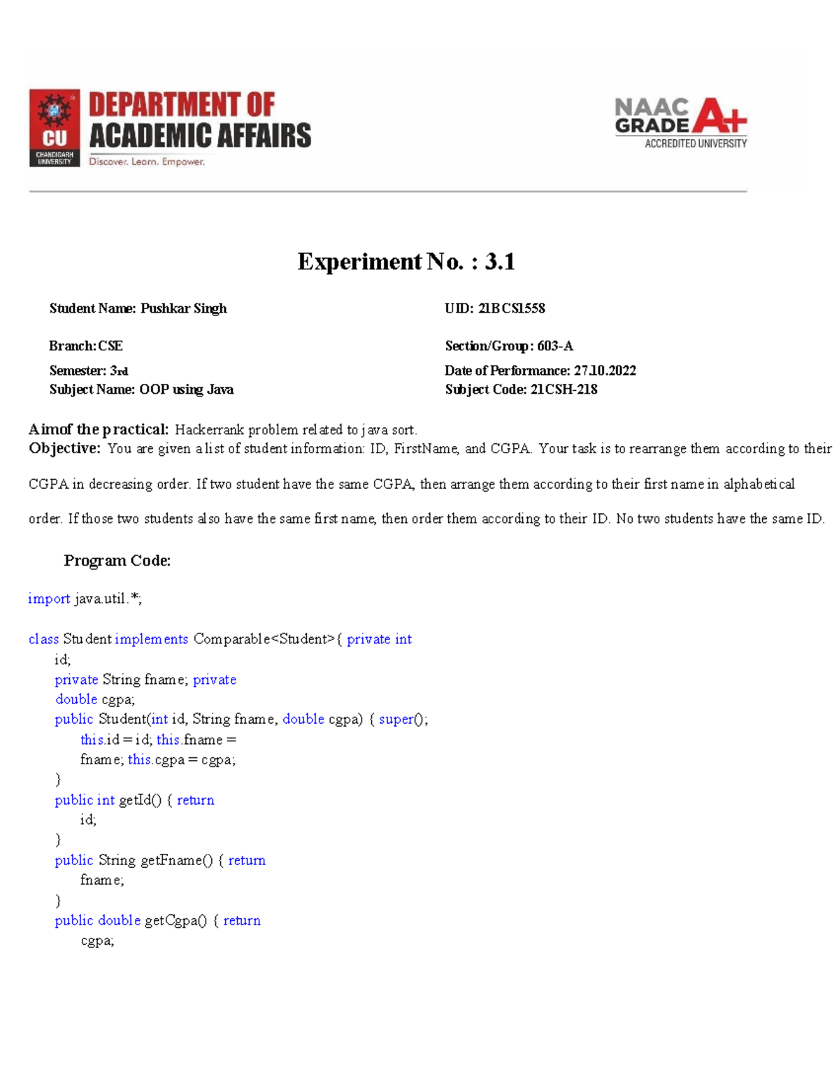 JAVA 3 - Aim of the practical: Hackerrank problem related to java sort ...