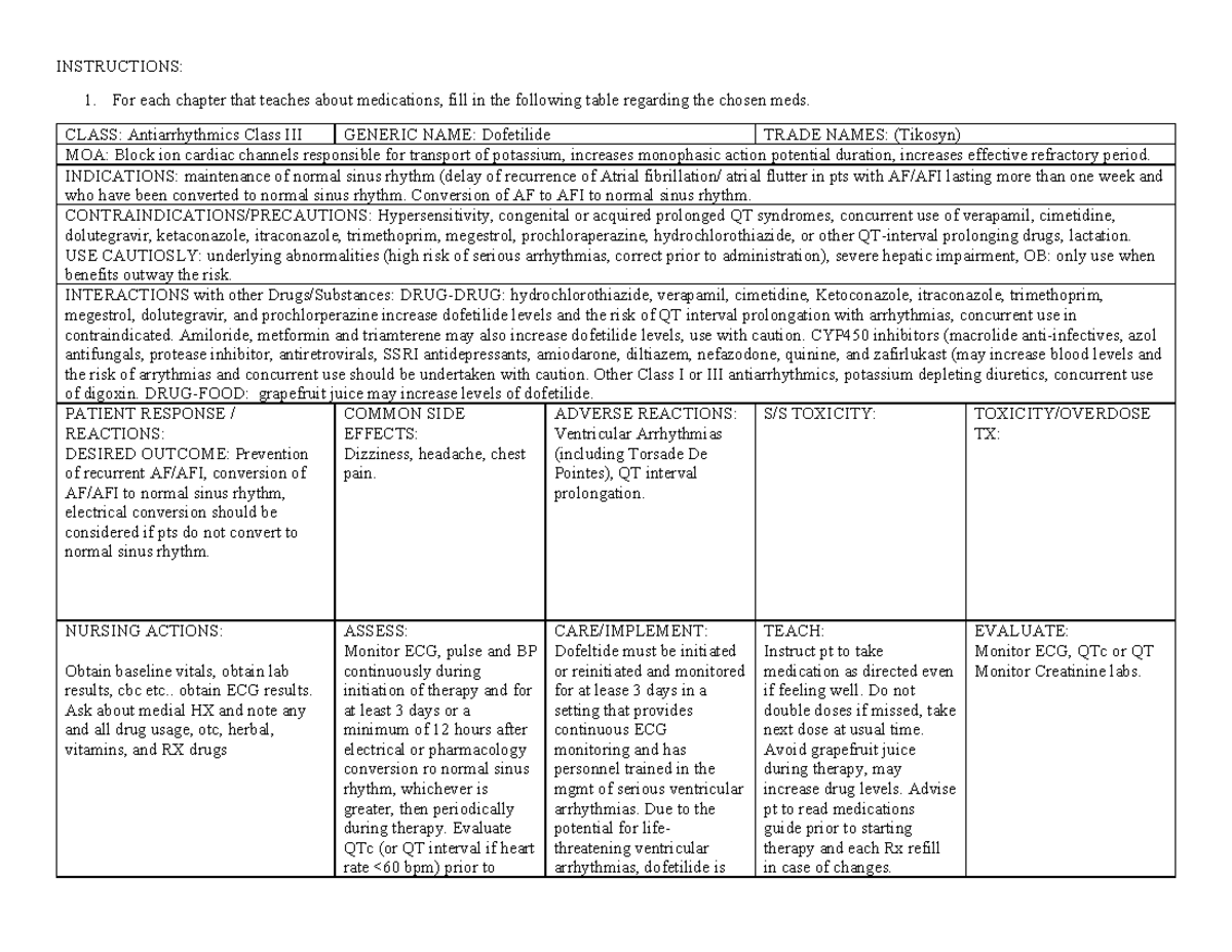dofetilide med card - INSTRUCTIONS: For each chapter that teaches about ...