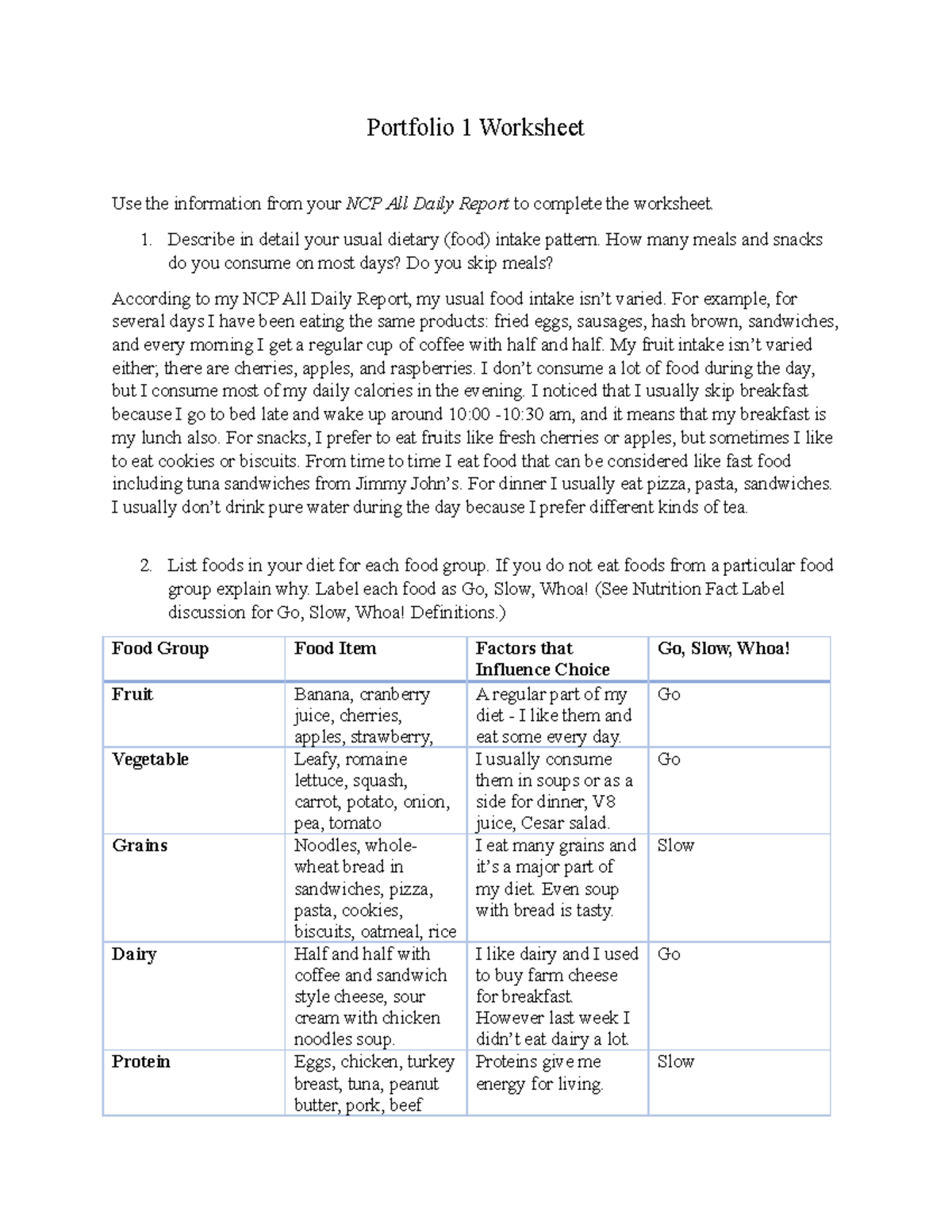 Portfolio 1 Worksheet - Portfolio 1 Worksheet Use the information from ...