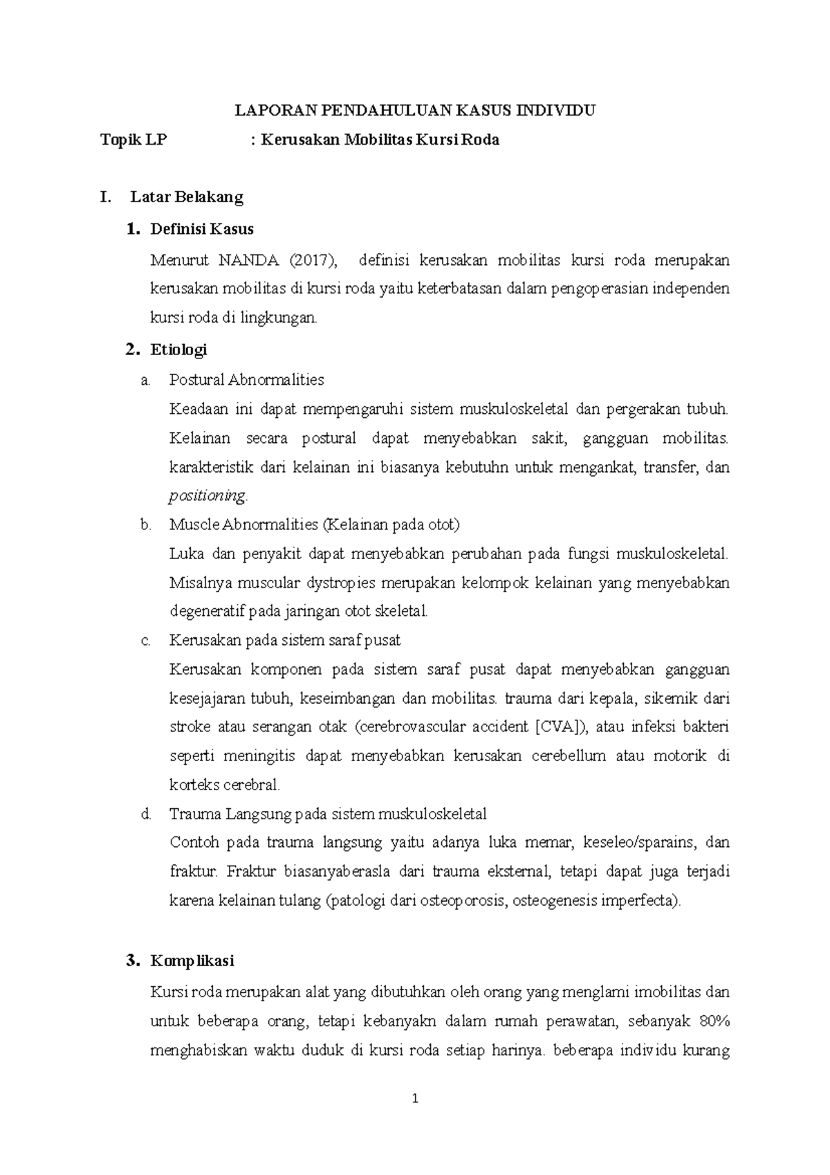 LP Keruskan mobilitas di kursi roda - LAPORAN PENDAHULUAN KASUS ...