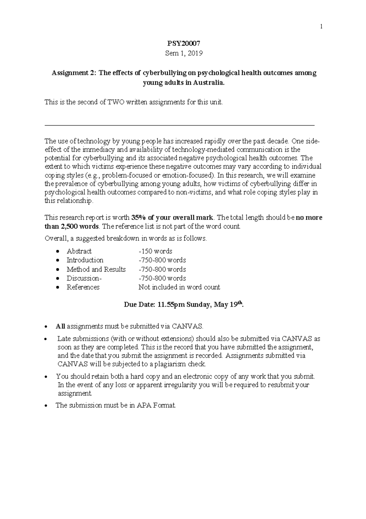 PSY2000 7 Assignment 2 Sem 1 2019 - 1 PSY20007 Sem 1, 2019 Assignment 2 ...