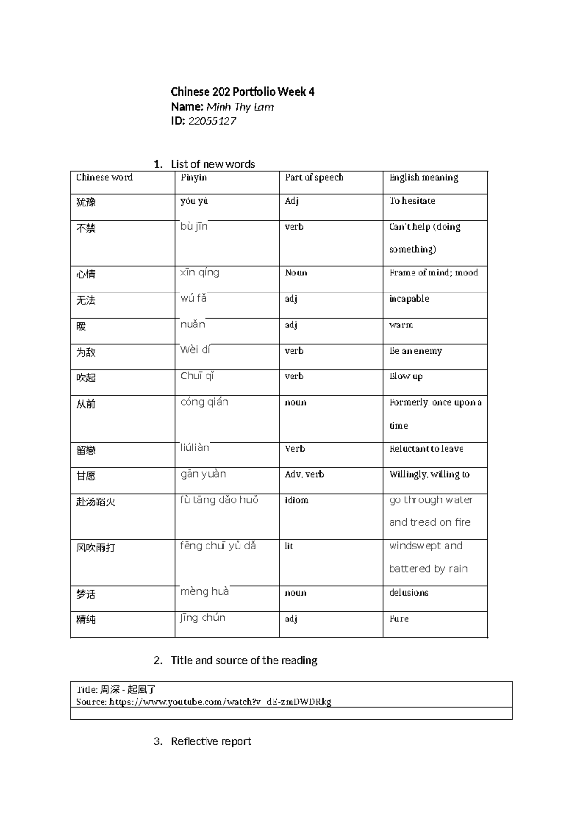 Lang202 portfolio 1 - Chinese 202 Portfolio Week 4 Name: Minh Thy Lam ...