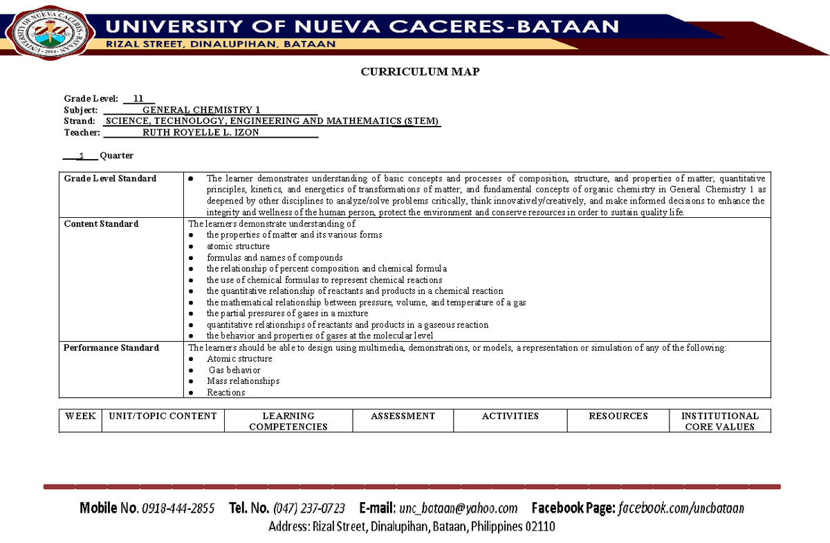 Curriculum MAP General CHEM1 - CURRICULUM MAP Grade Level: 11 Subject ...
