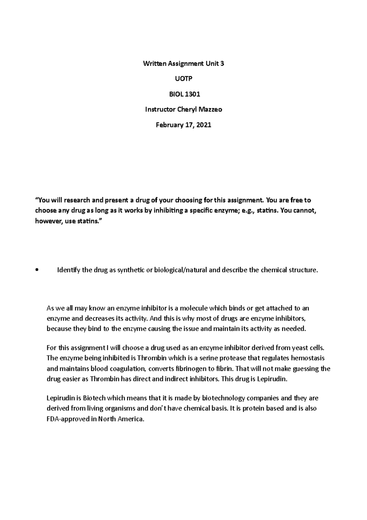 Written Assignment Unit 3 - BIOL 1301 - UoPeople - Studocu