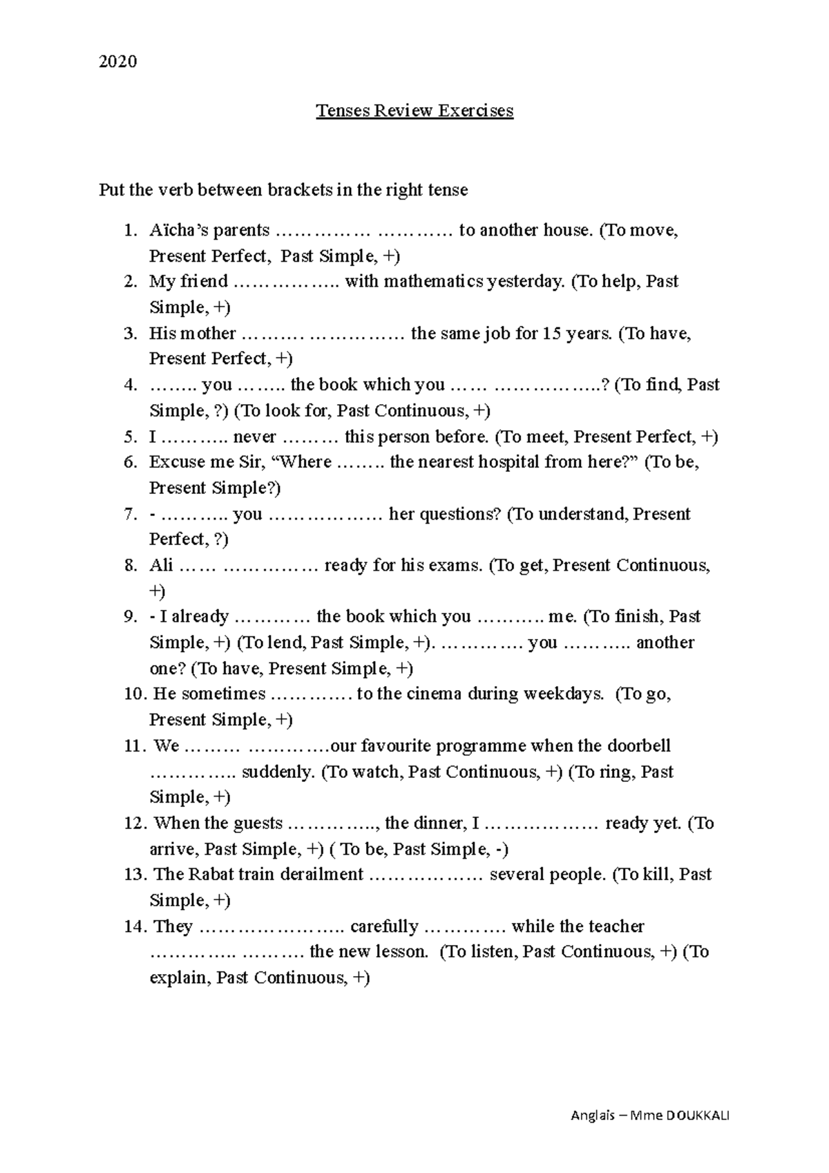 Tenses Review Worksheet 2 2020 - 2020 Tenses Review Exercises Put the ...