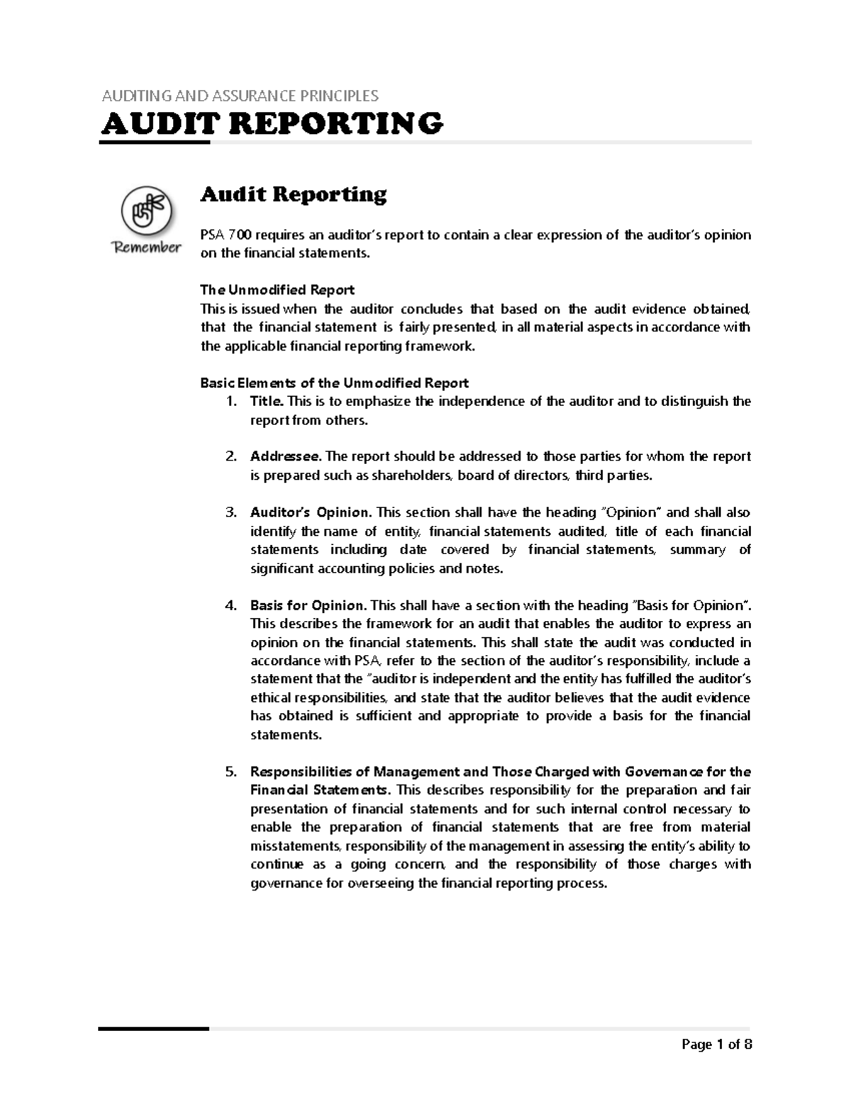 Module 009 Audit Report - Audit Reporting PSA 700 requires an auditor’s ...