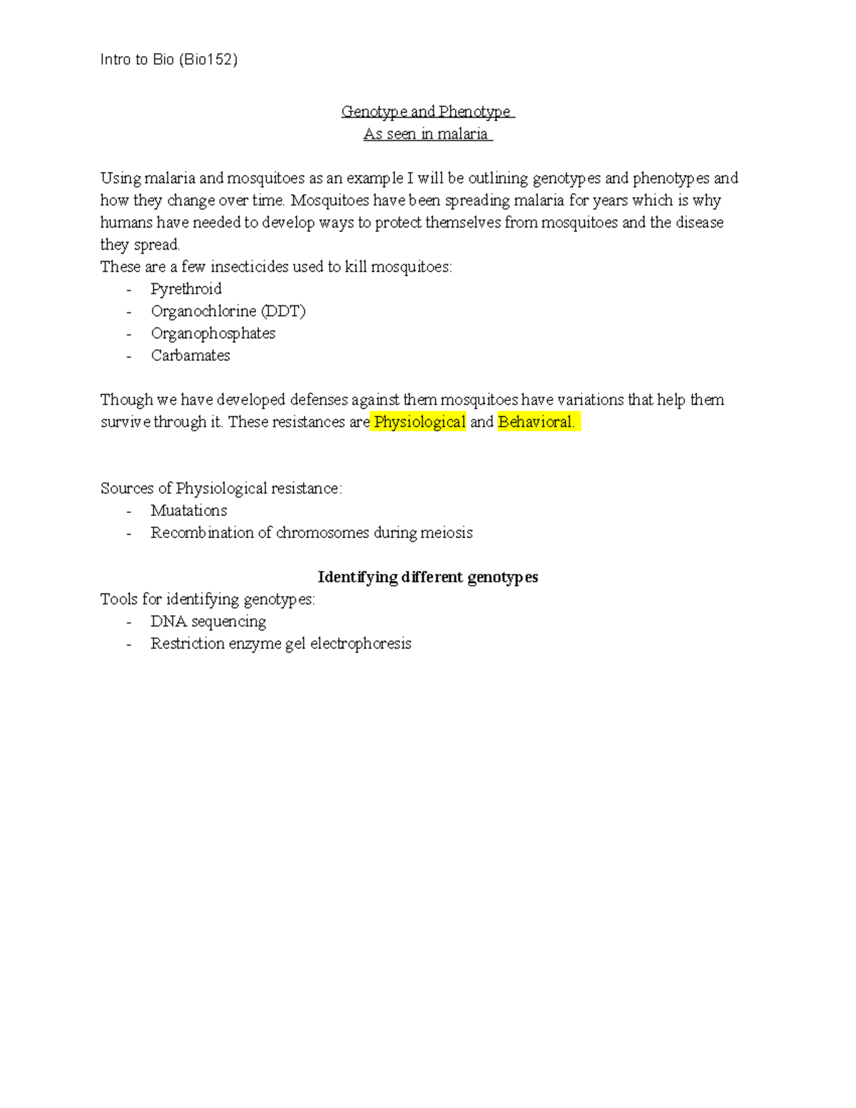 Genotype and phentype - Lecture notes 1 - Intro to Bio (Bio152 ...