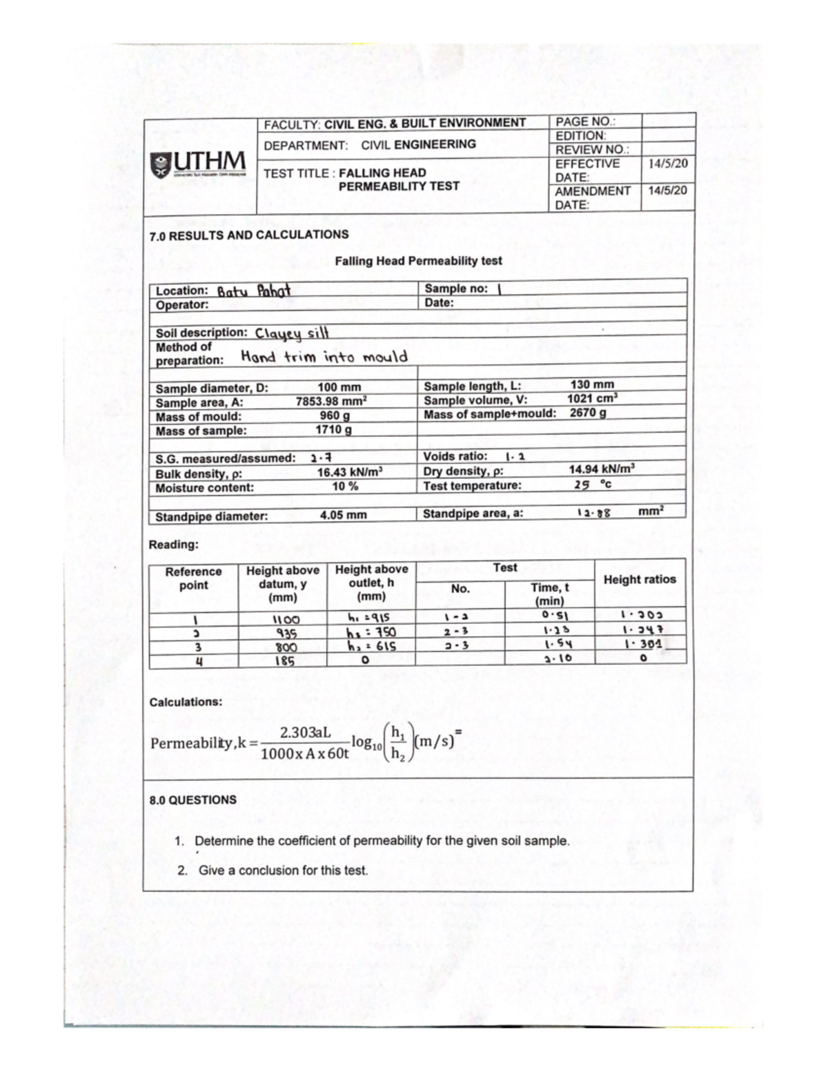 Fallinghead Result - Civil Engineering Laboratory II - Studocu