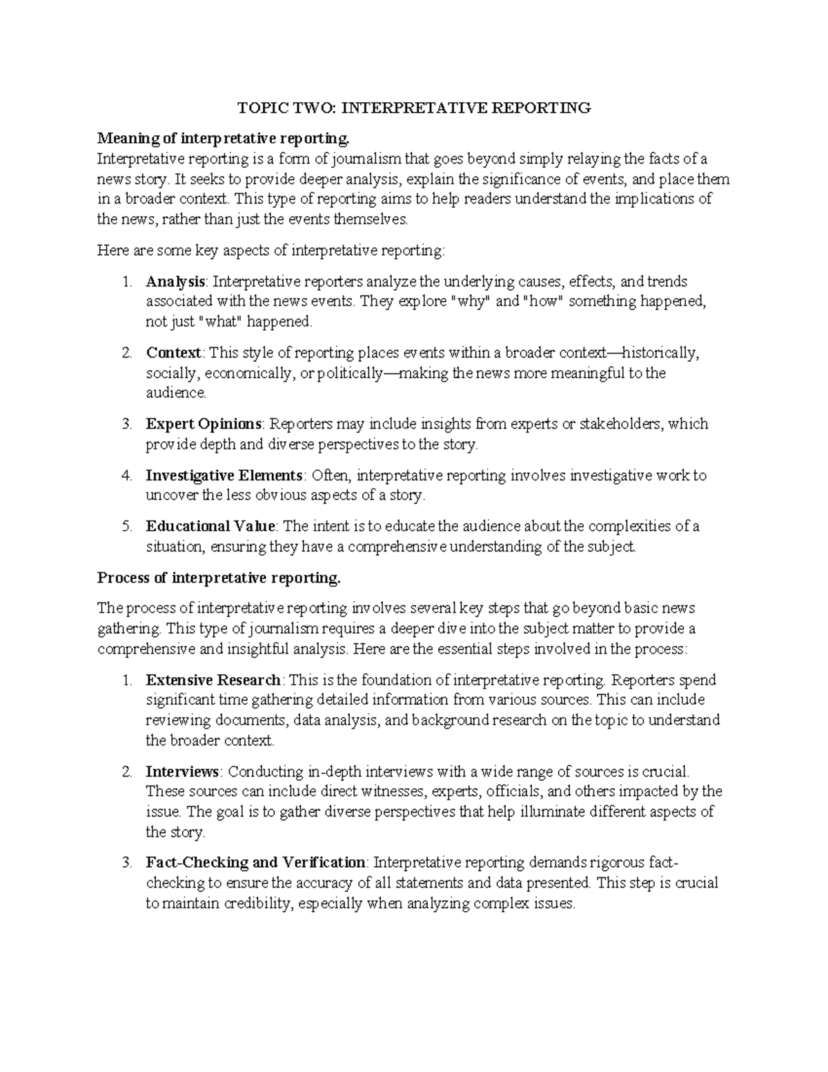 Notes Advanced - news writing - TOPIC TWO: INTERPRETATIVE REPORTING ...