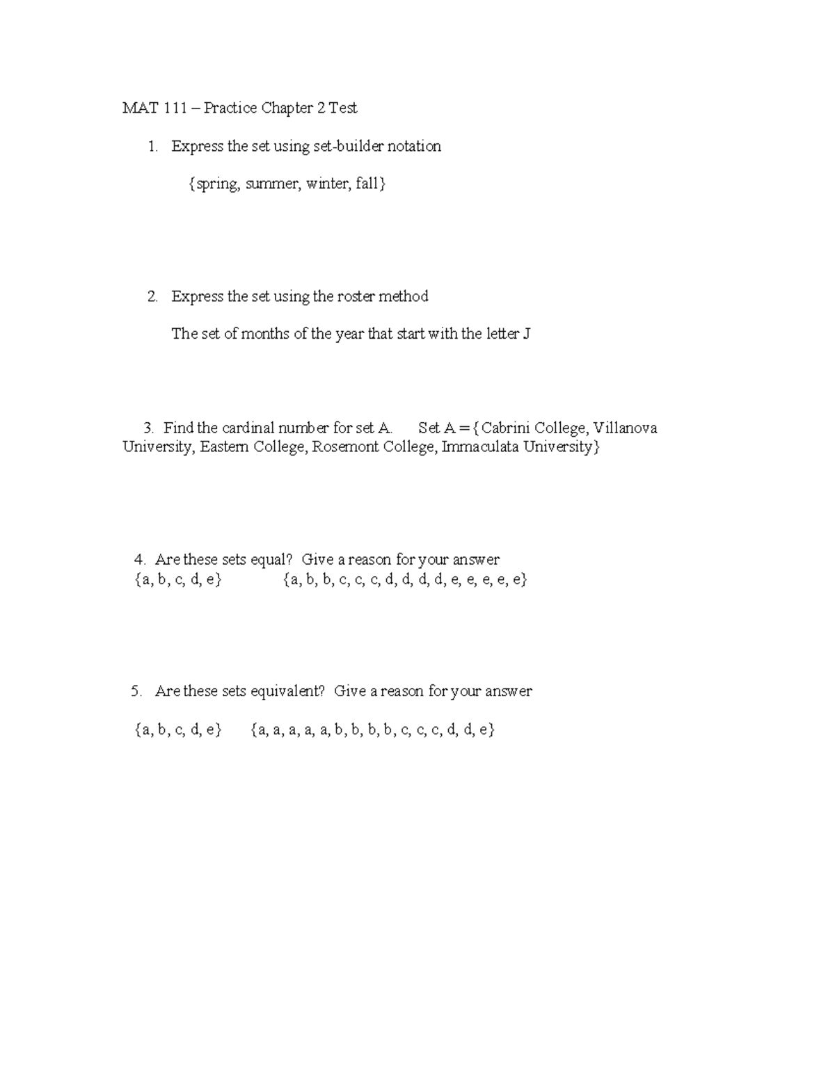 Practice Test Set Theory - MAT 111 – Practice Chapter 2 Test Express ...