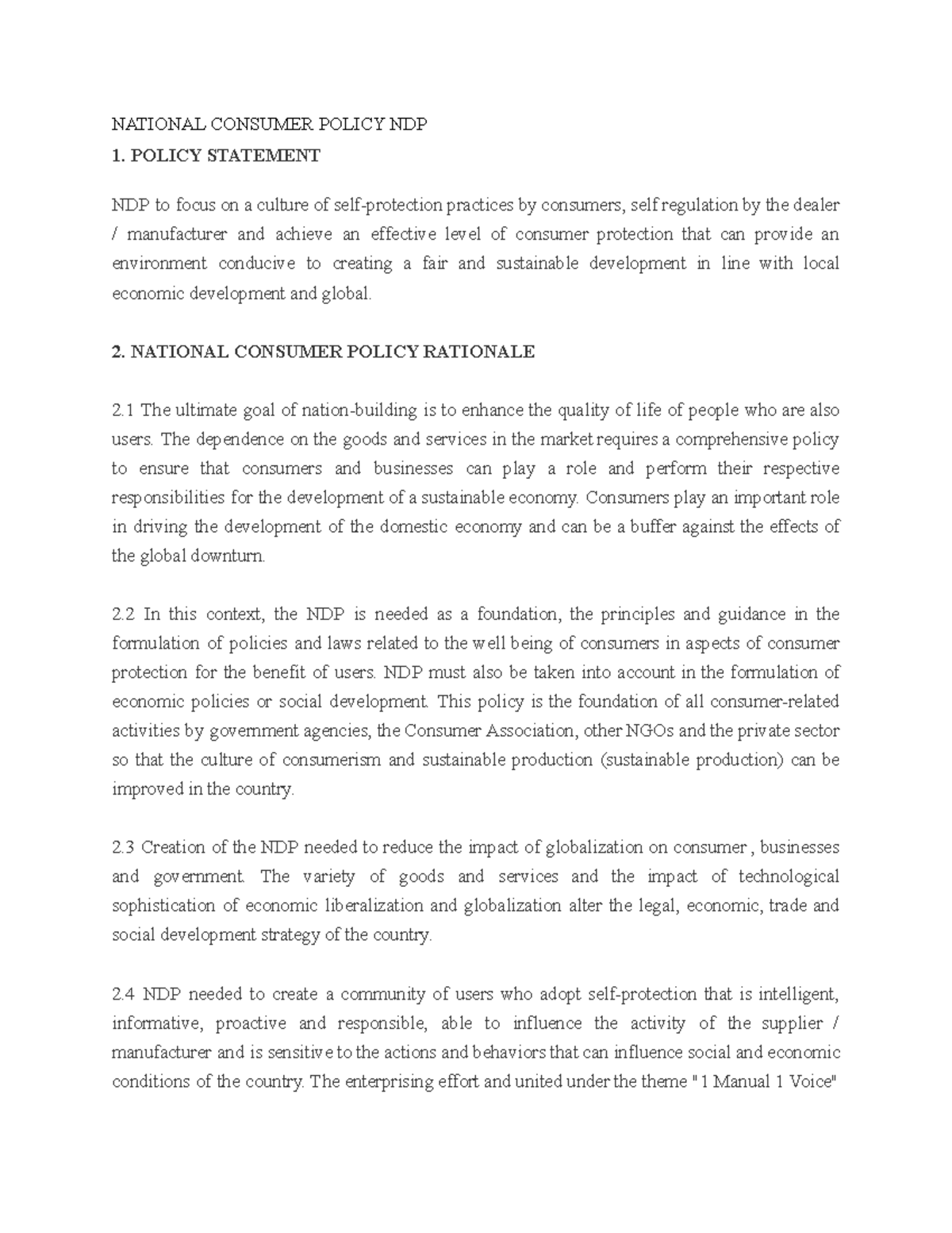 National Consumer Policy - NATIONAL CONSUMER POLICY NDP 1. POLICY ...