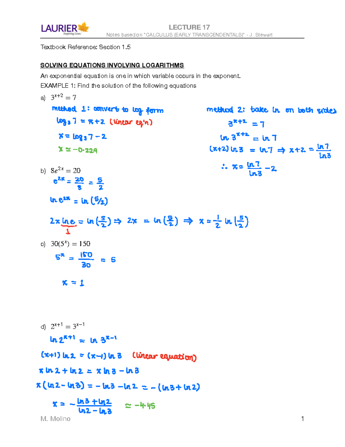 Solving Equations Involving Logarithms - Lecture 17 Notes - Studocu