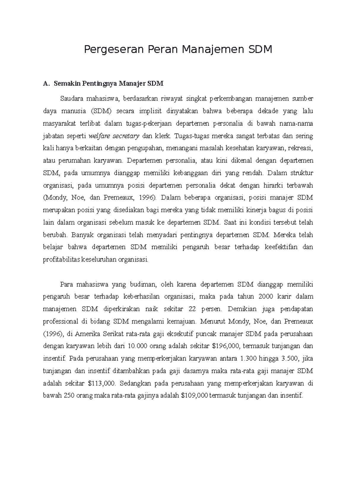 Inisiasi 1 pergeseran peran sdm - Pergeseran Peran Manajemen SDM A ...