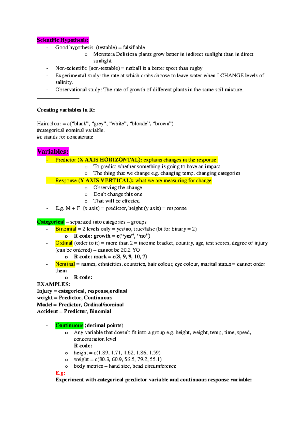 mid-semester cheat sheet - Scientific Hypothesis: - Good hypothesis ...