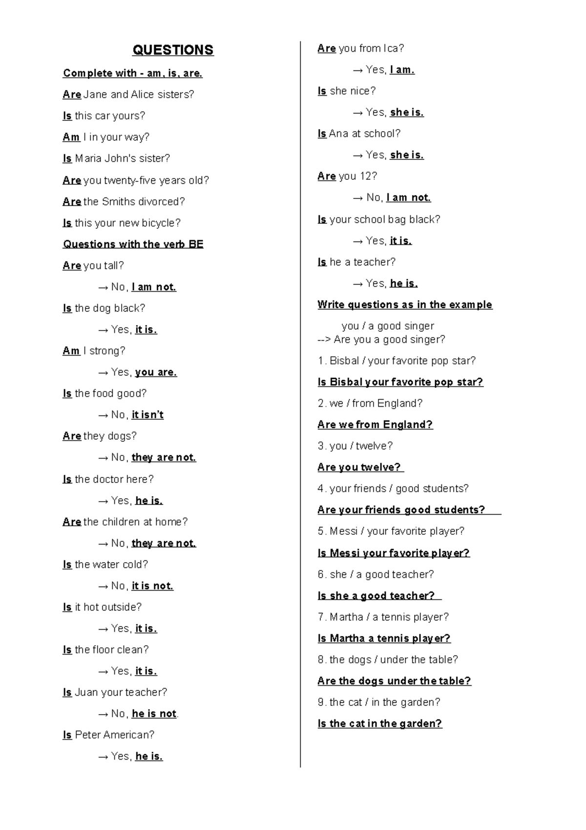 1st class - QUESTIONS Complete with - am, is, are. Are Jane and Alice ...