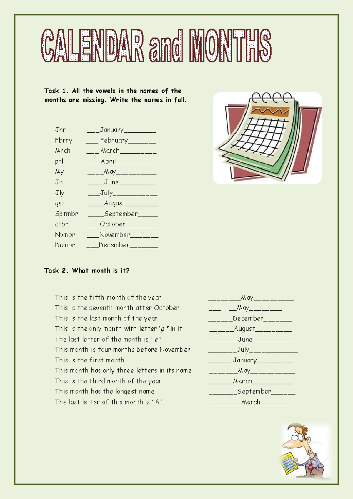 Months of the year -Practice - Task 1. All the vowels in the names of ...