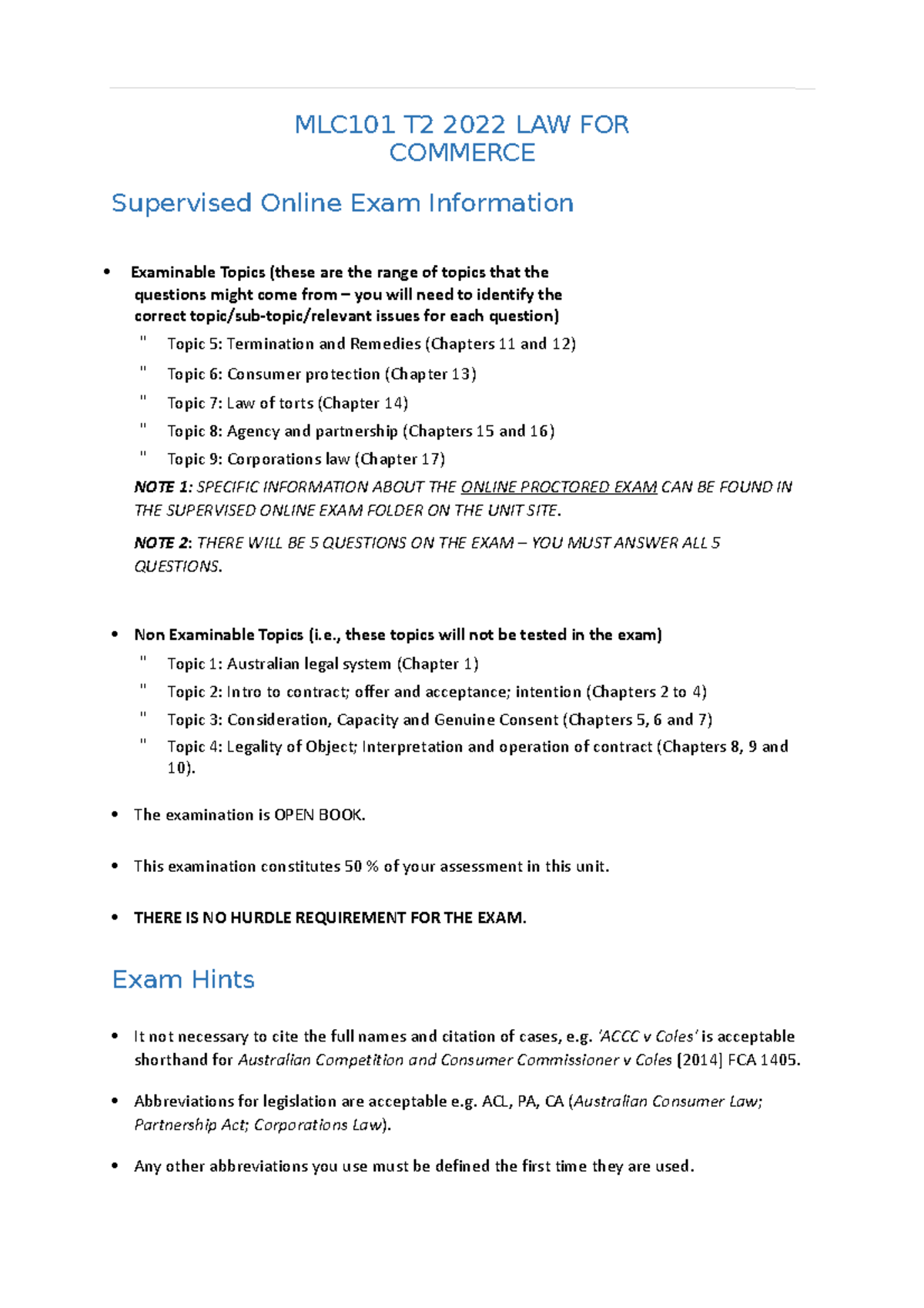 Mlc exam tips - MLC101 exam tips - MLC101 T2 2022 LAW FOR COMMERCE ...