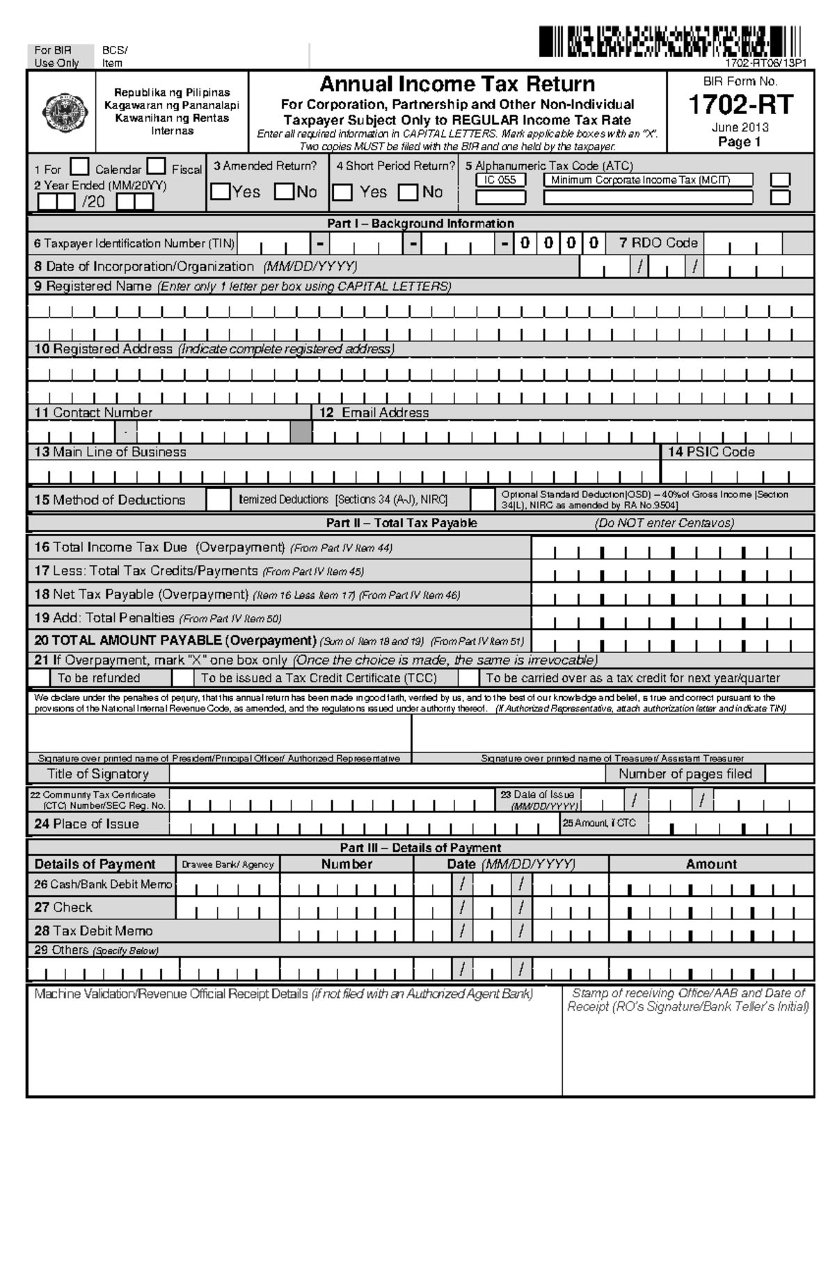 Bir-form-1702rt - BIR Forms - For BIR Use Only BCS/ Item 1702 - RT06 ...