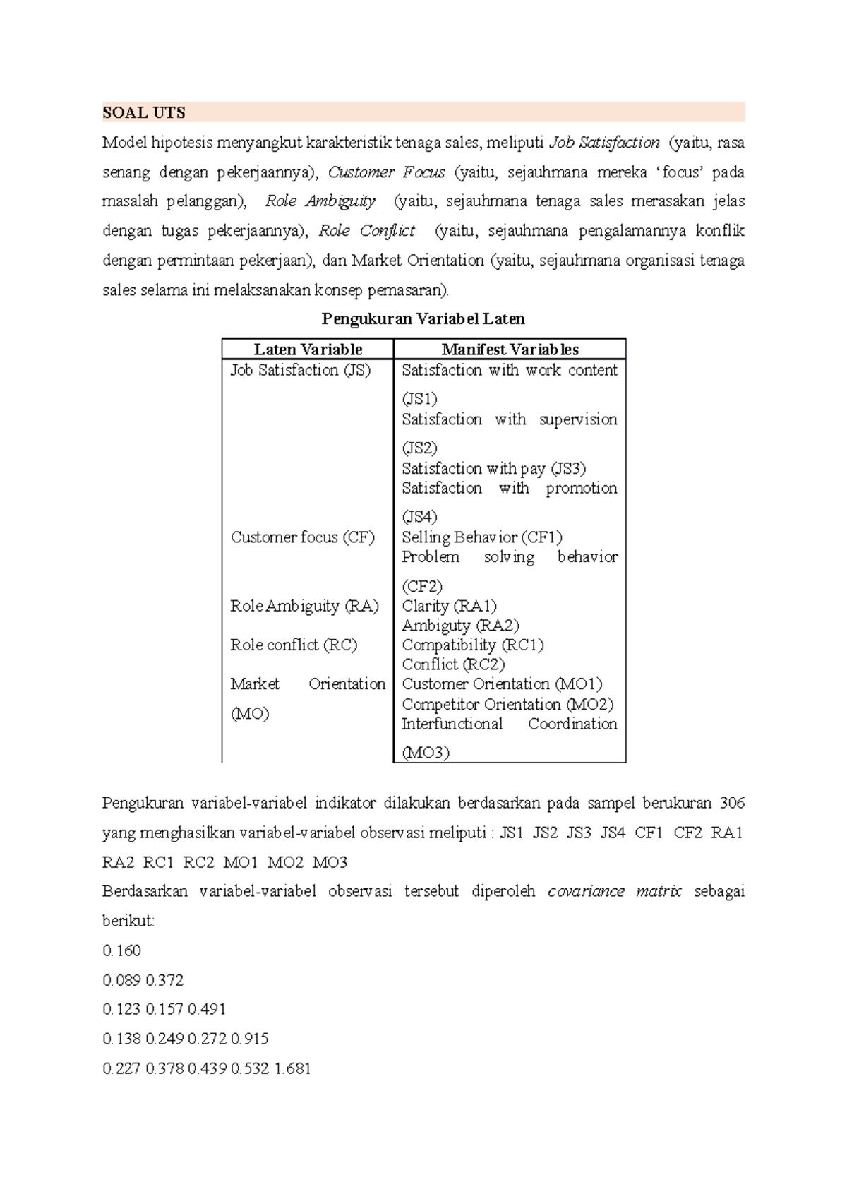 Uts Structural Equation Modeling Sem Menggunakan Lisrel Soal Uts