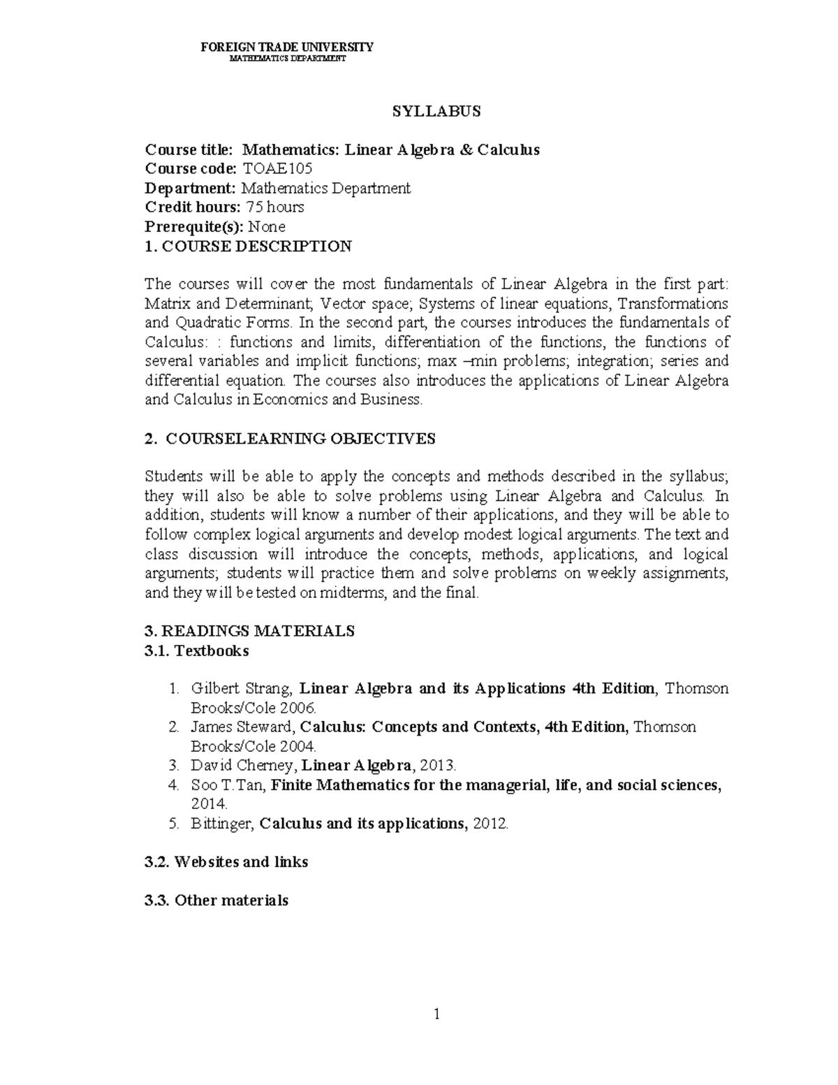Mathematics TOAE105 Syllabus - SYLLABUS Course title: Mathematics ...