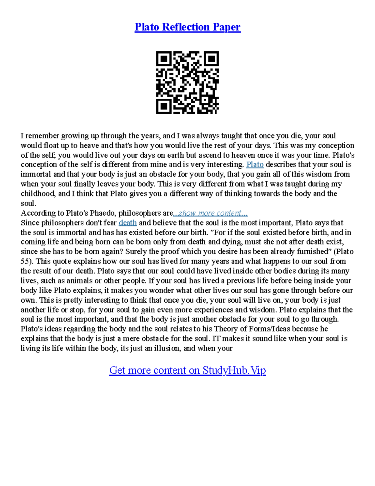 Plato Essay Plato Essay - Plato Reflection Paper I remember growing up ...