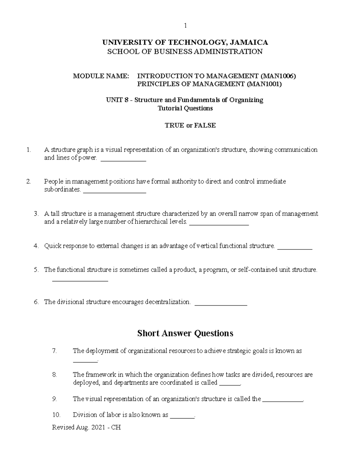ITM UNIT 8 Tutorial Sheet - UNIVERSITY OF TECHNOLOGY, JAMAICA SCHOOL OF ...