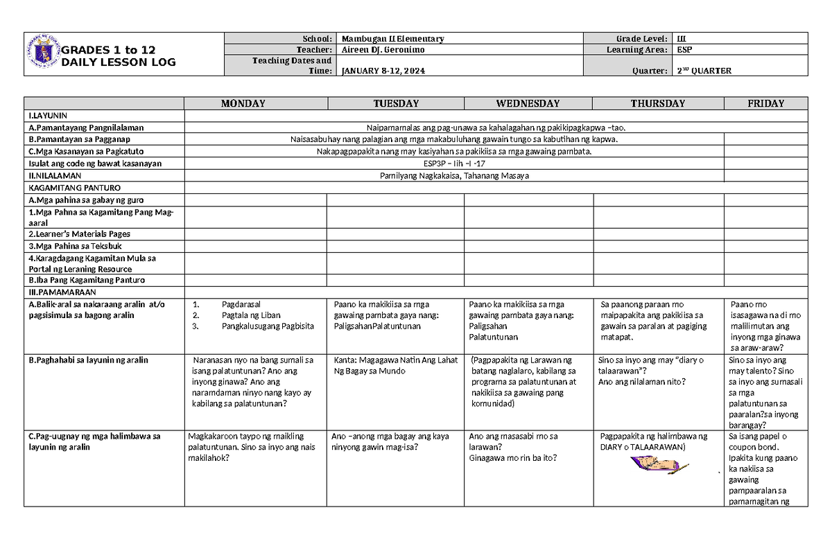 DLL ESP 3 Q2 W8 - GRADES 1 to 12 DAILY LESSON LOG School: Mambugan II ...