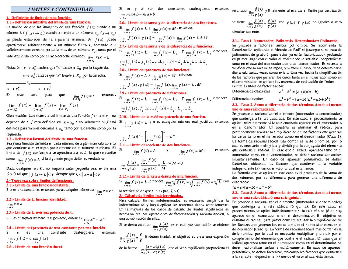 04 Limites - Formulario. - LÍMITES Y CONTINUIDAD. 1.- Definición de ...