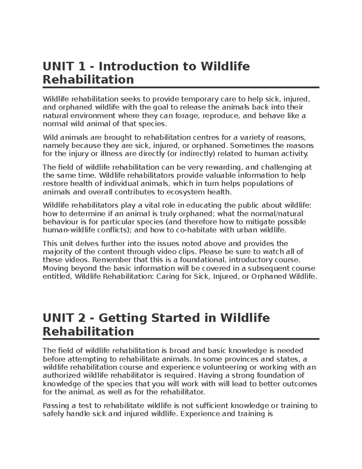 Final exam notes - UNIT 1 - Introduction to Wildlife Rehabilitation ...
