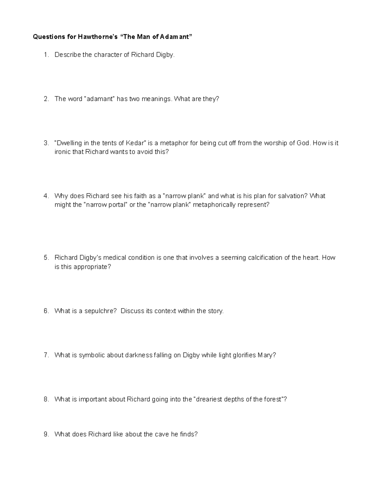 “The Man of Adamant” Questions - Questions for Hawthorne’s “The Man of ...