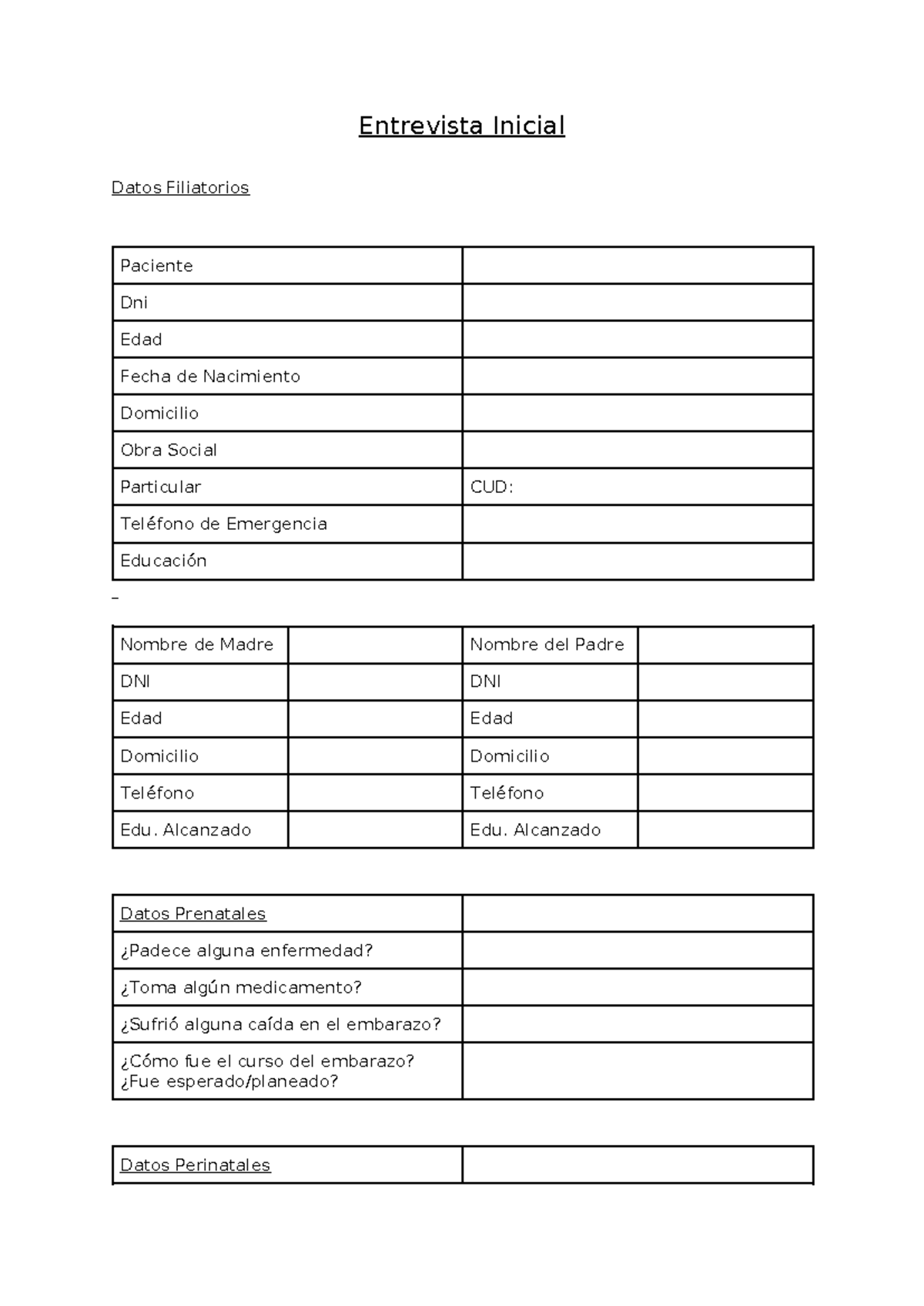 Formato Entrevista Inicial - Entrevista Inicial Datos Filiatorios ...